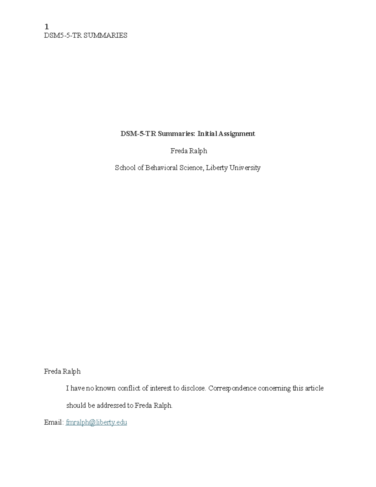 DSM-5 Summary 1 - n/a - DSM5-5-TR SUMMARIES DSM-5-TR Summaries: Initial Assignment Freda Ralph ...