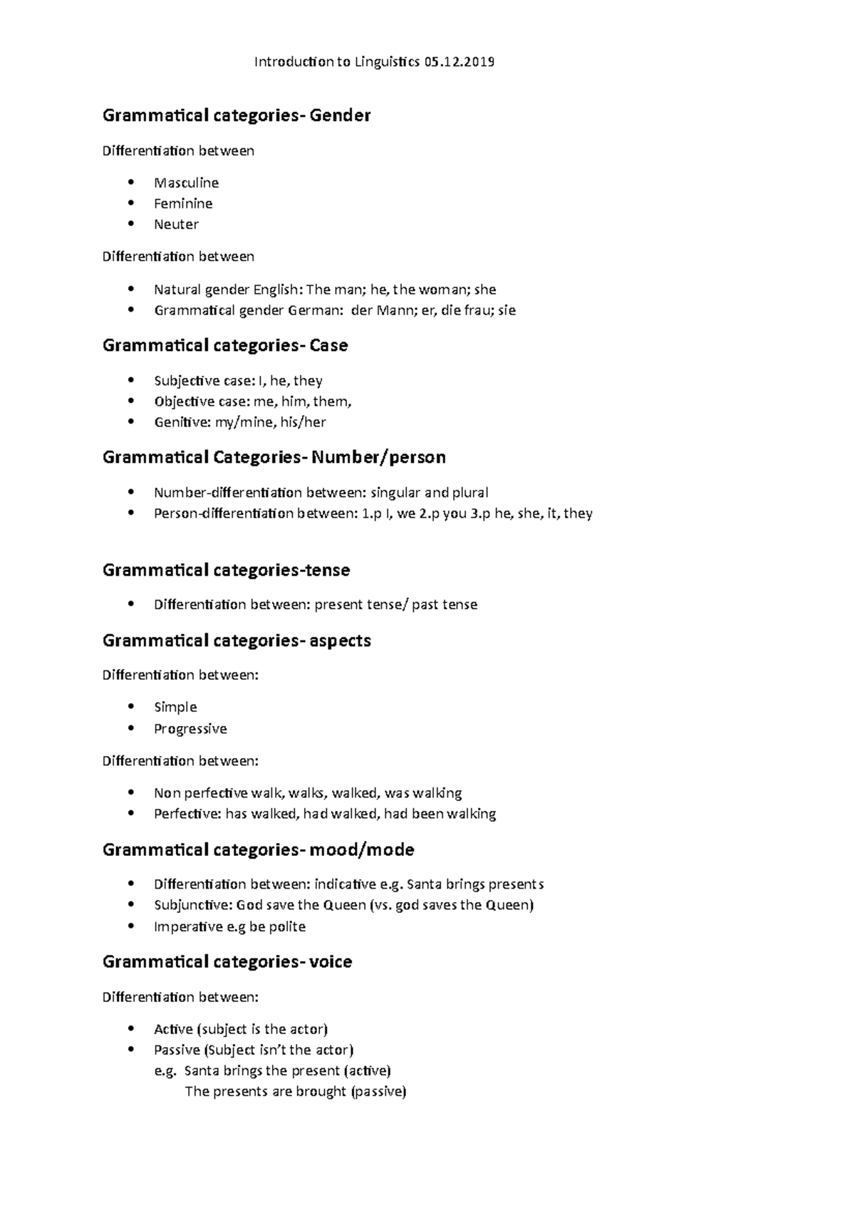 Mitschriften-Linguistics - Introduction to Linguistics 05. Grammatical categories- Gender - Studocu