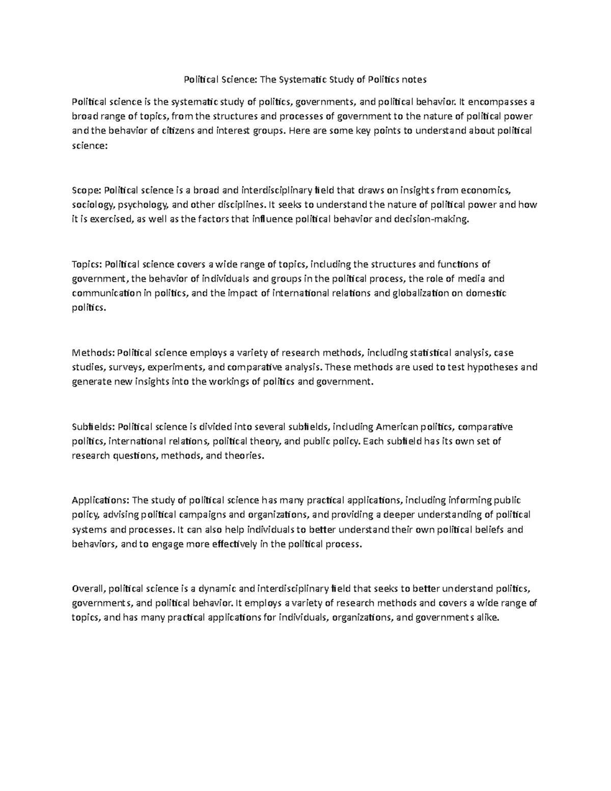 Political Science The Systematic Study of Politics notes - It ...