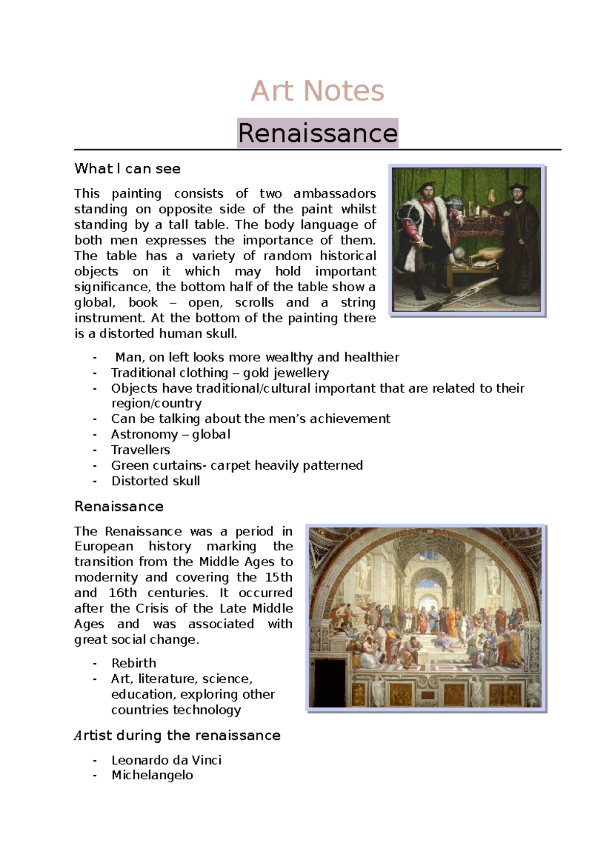 Detailed Notes Visual Art Notes - Art Notes Renaissance What I can see ...