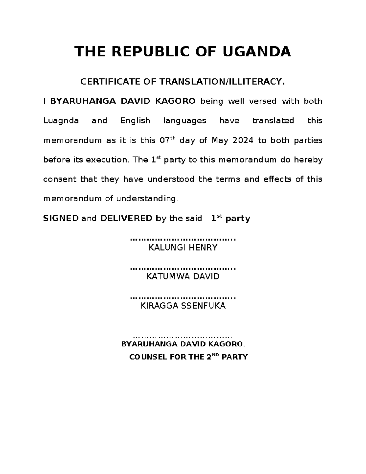 Certificate of Translation - THE REPUBLIC OF UGANDA CERTIFICATE OF ...