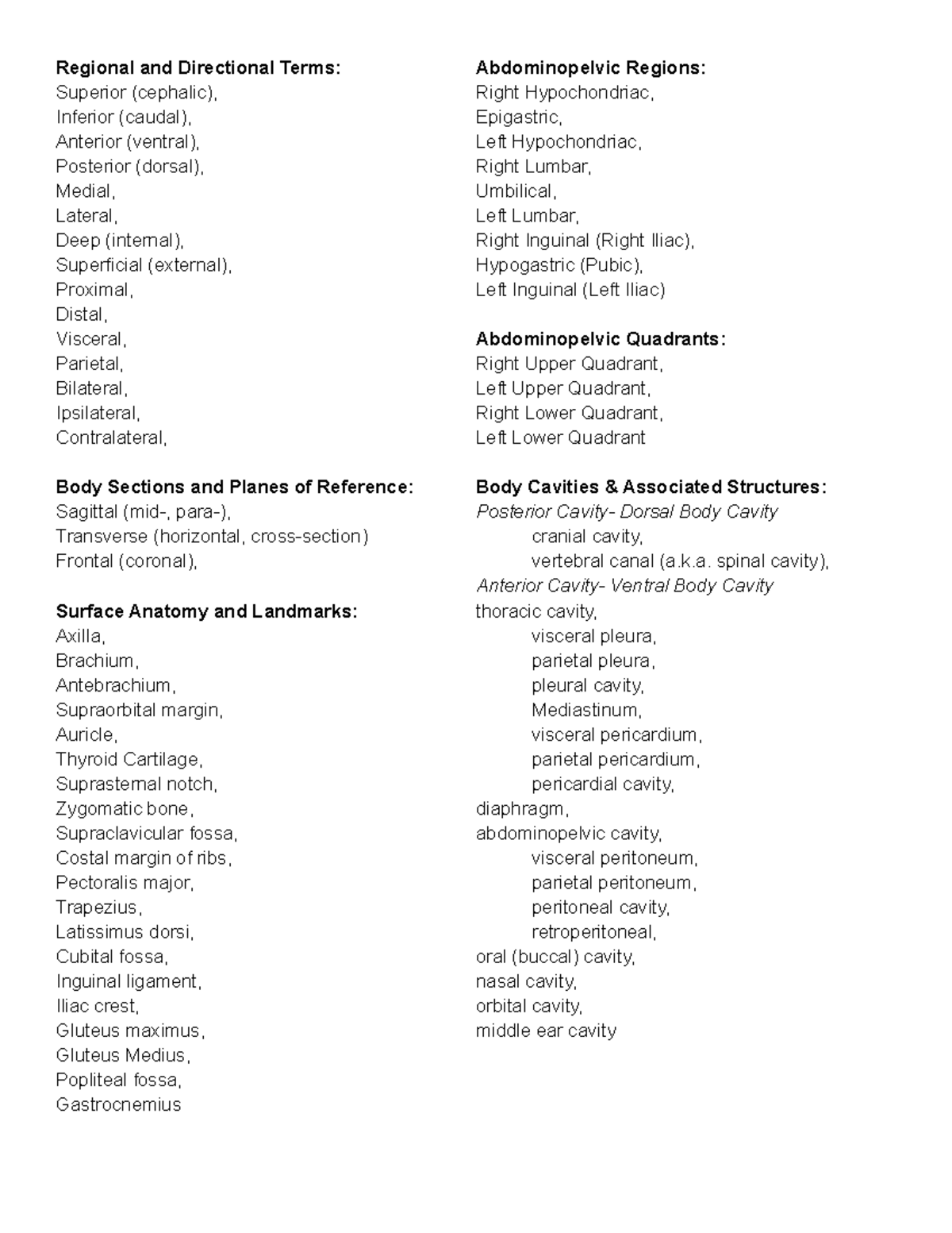 UNL BIOS 214 LAB-practical 1 SUMMARY - Regional and Directional Terms ...