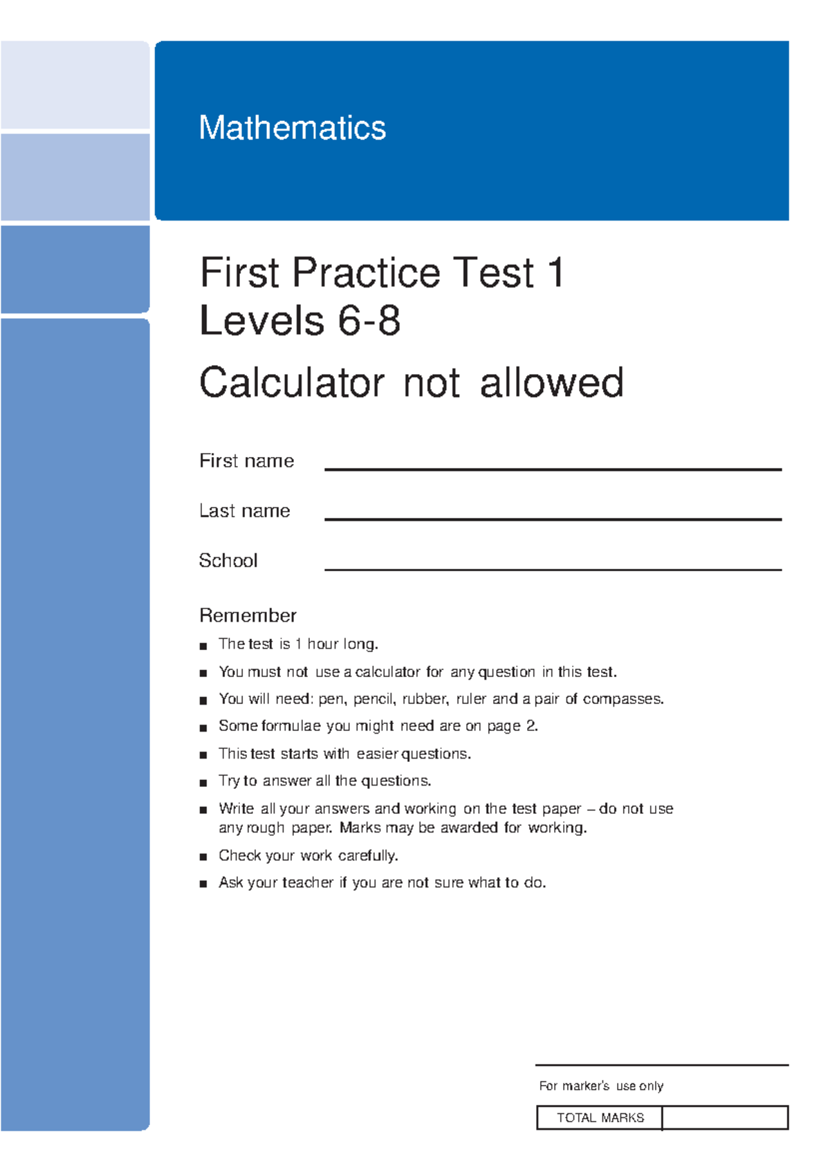 1st Practice Test 1 Levels 6-8 – No Calculator [384k B] - Mathematics ...
