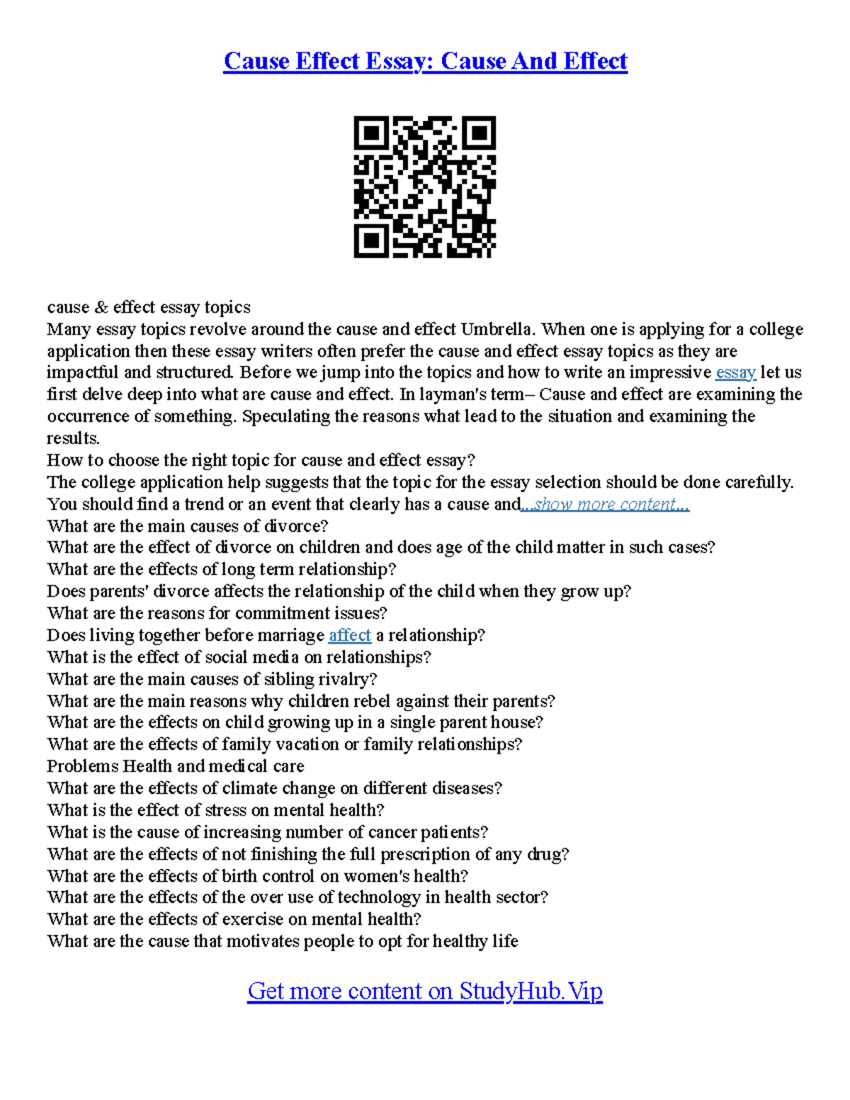 Good Cause Effect Essay Topics - Cause Effect Essay: Cause And Effect ...