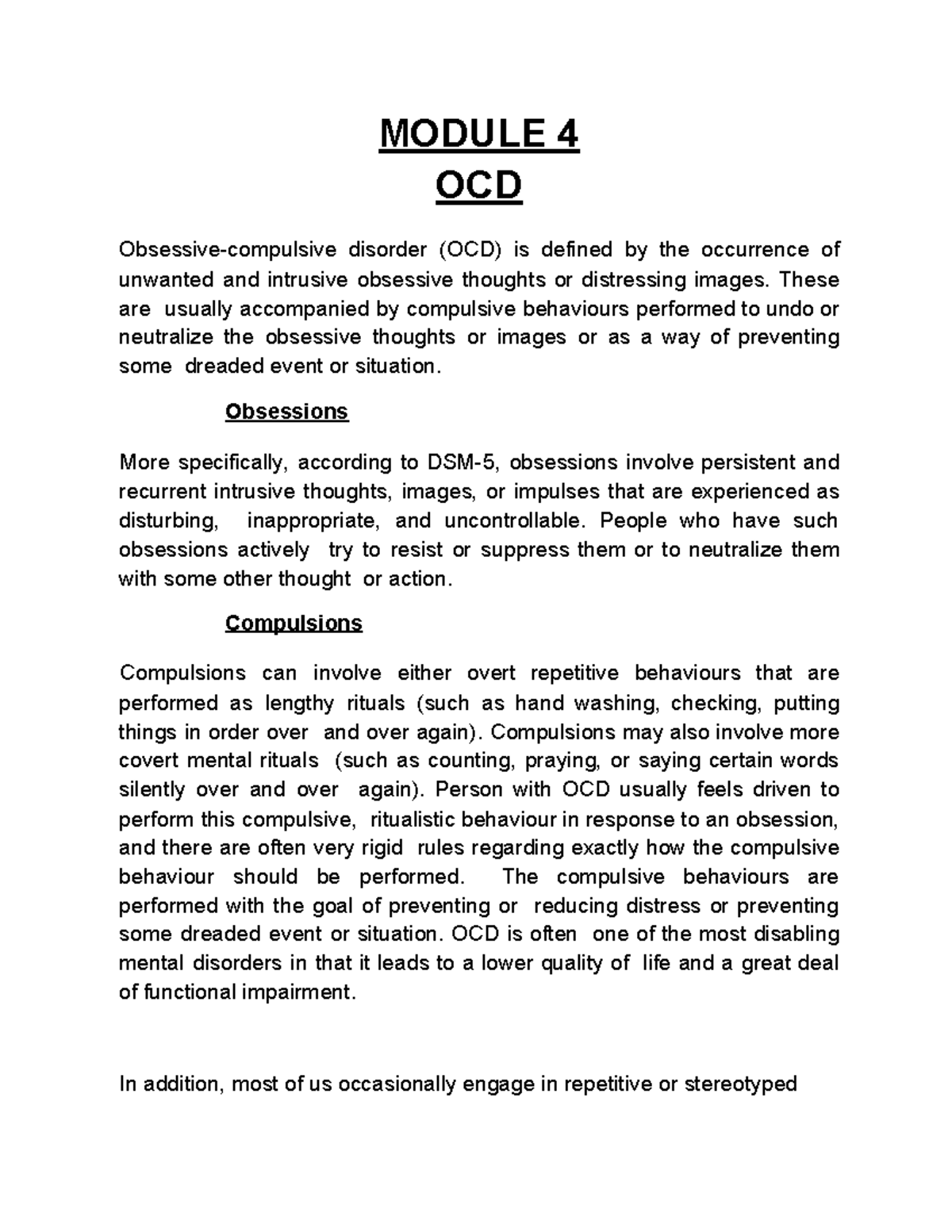 Module 4 AB - Abnormal behavior notes - MODULE 4 OCD Obsessive ...