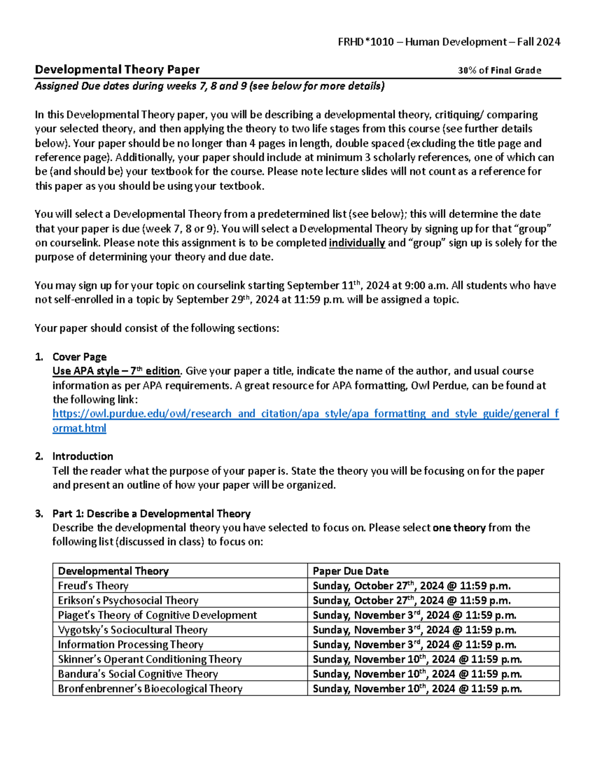 F24 FRHD1010 Developmental Theory Paper - FRHD*1010 – Human Development ...