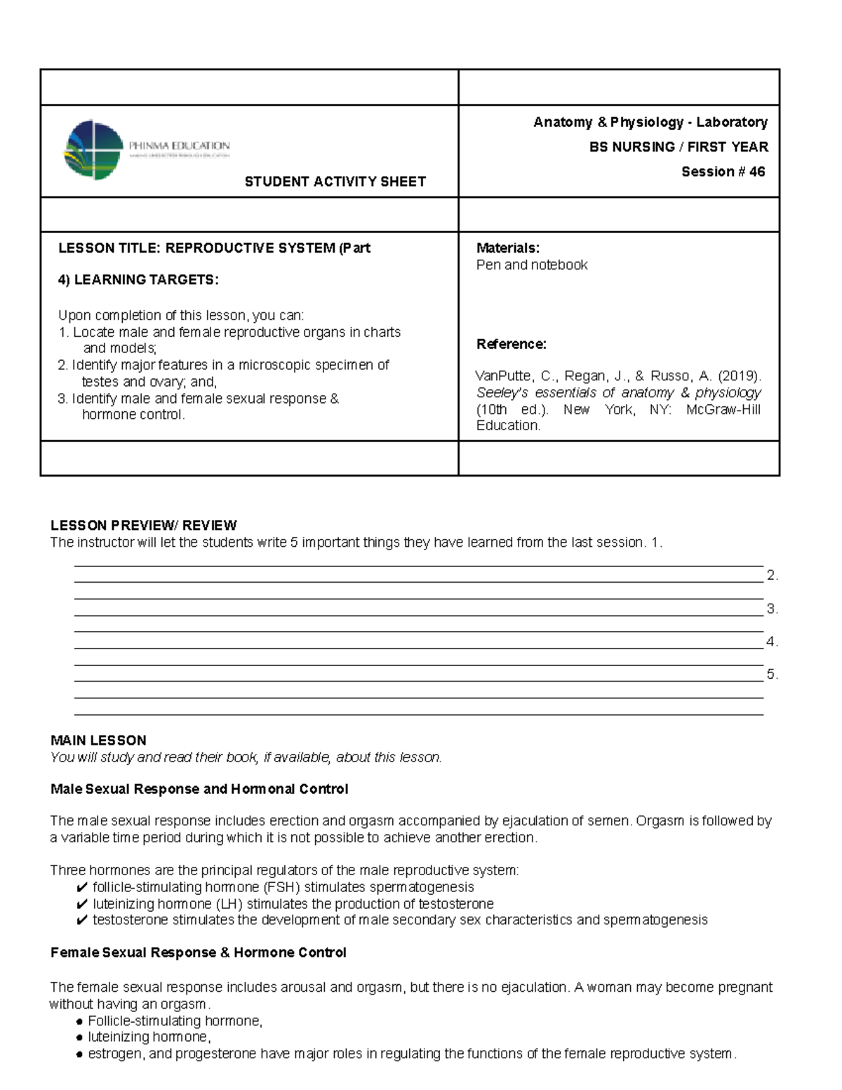 Session #46 SAS - Ana Phy (Lab) - STUDENT ACTIVITY SHEET Anatomy ...