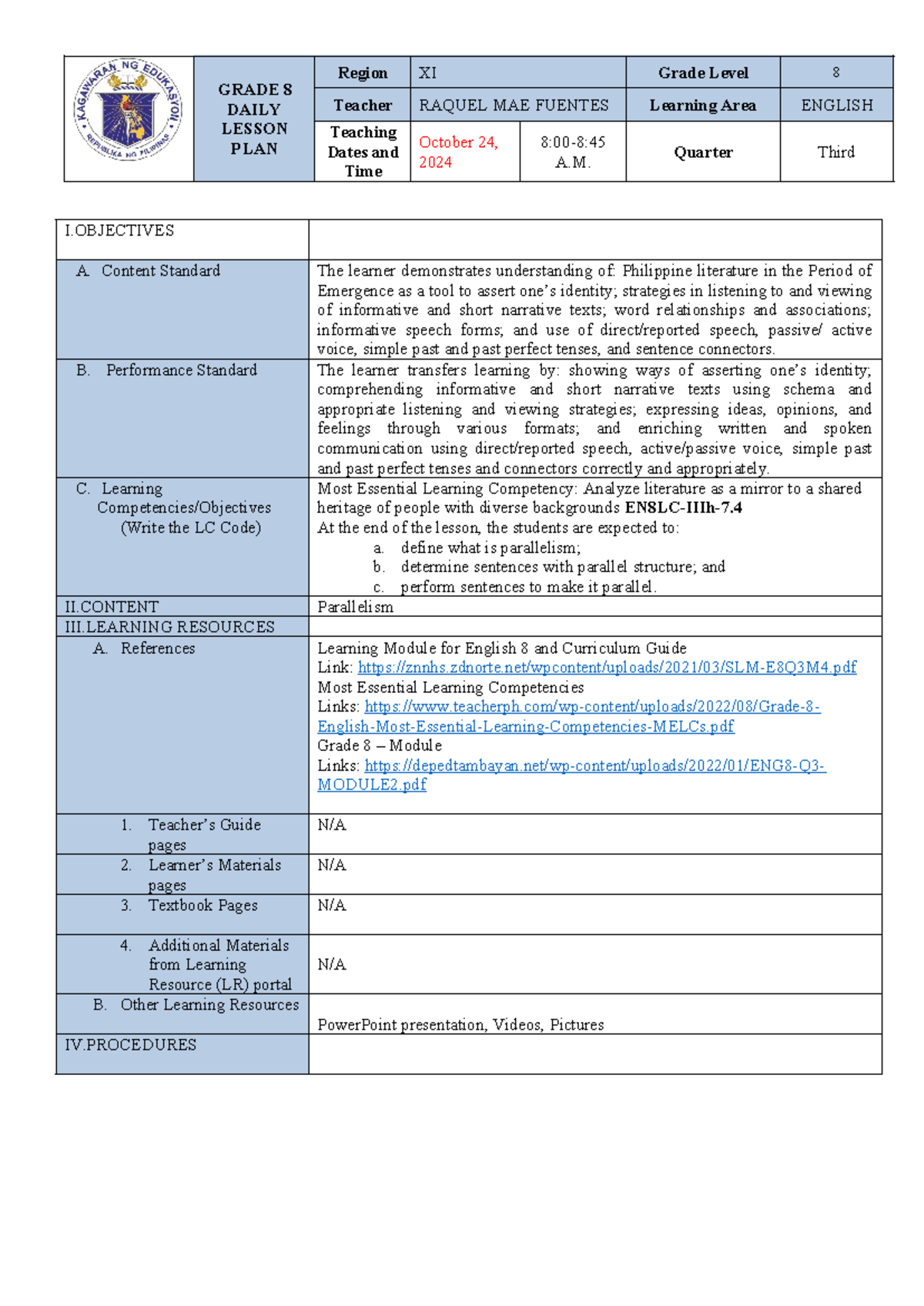 Session 6 - Parallelism( Method OF LOCI) - aaaaa GRADE 8 DAILY LESSON ...