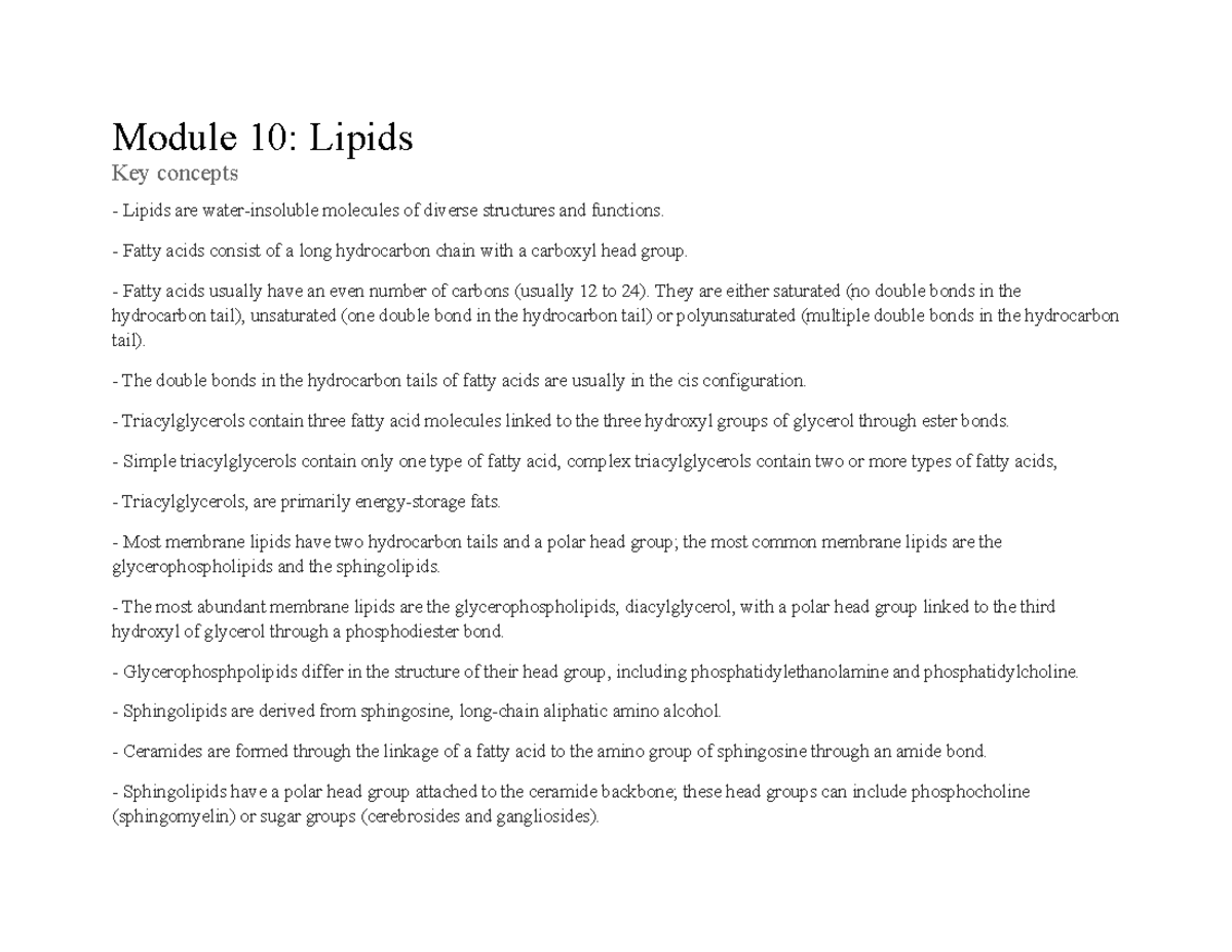 Module 10 Lipids - Module 10: Lipids Key concepts Lipids are water ...