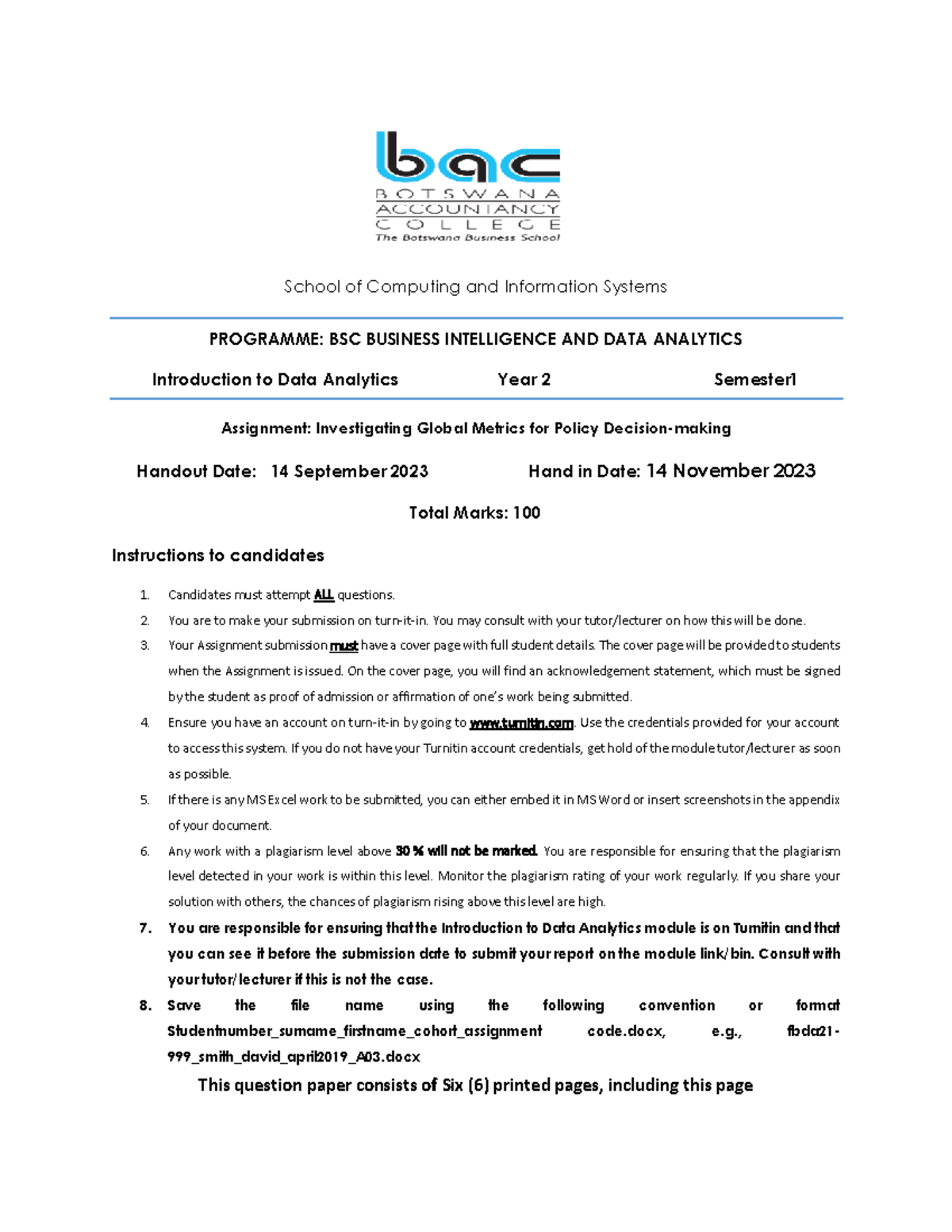IDA2023 Assignment - School of Computing and Information Systems PROGRAMME: BSC BUSINESS - Studocu