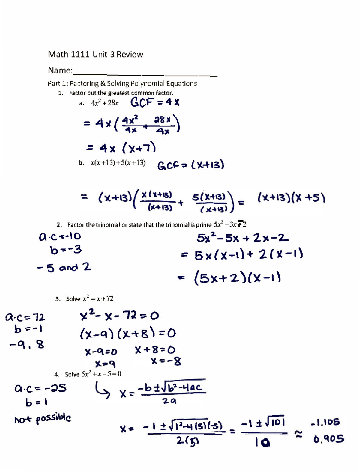 Final Practice Solutions - Math 1111 Un it 3 Review Name: - Part 1: Factoring & Solving - Studocu