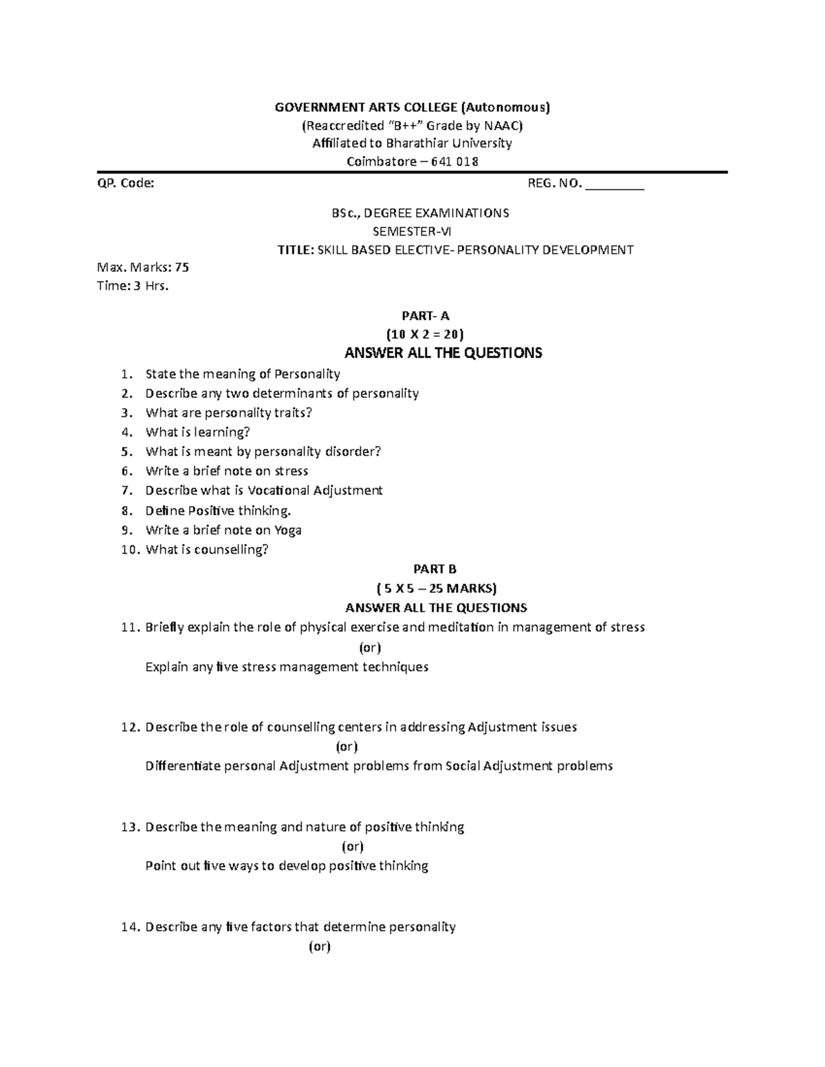 Personality Development- Exam - GOVERNMENT ARTS COLLEGE (Autonomous ...