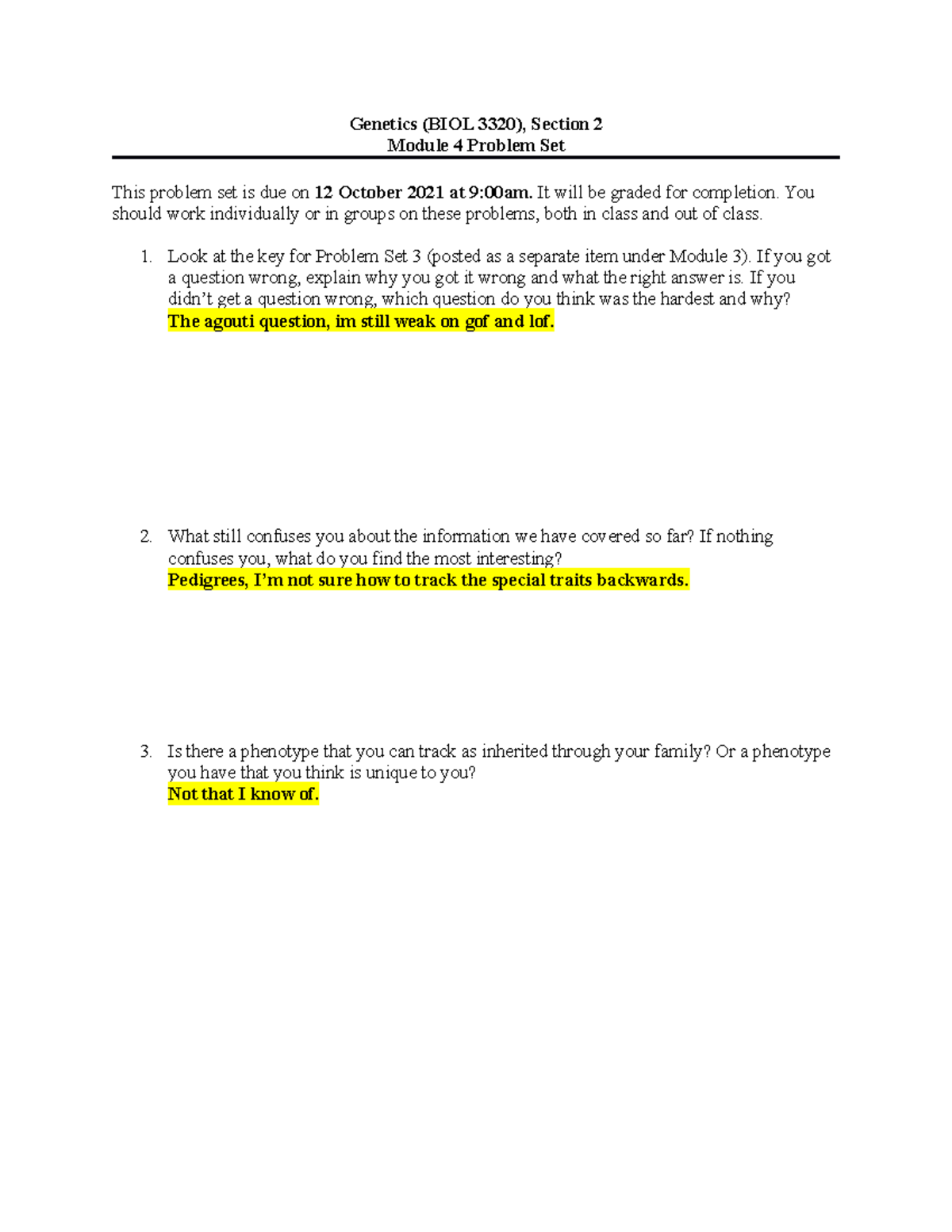 Module 4 Problem Set - assignment - Genetics (BIOL 3320), Section 2 ...