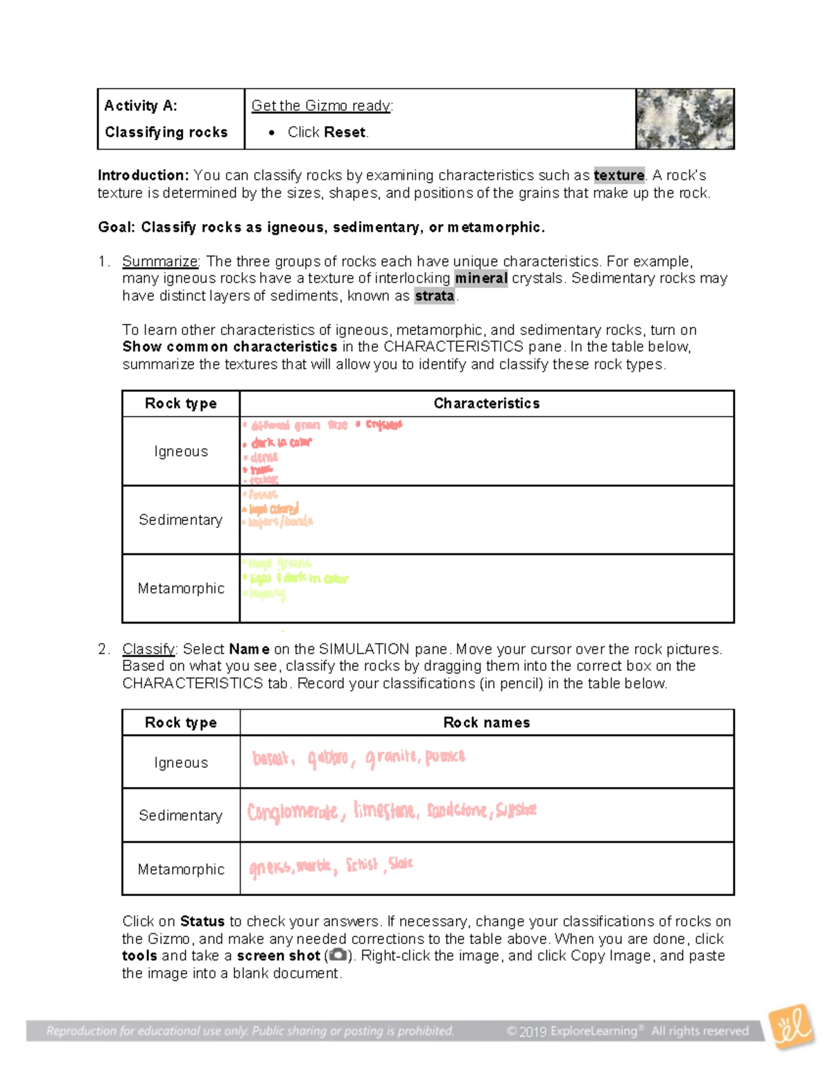 Page 2 - Gizmo - 2019 Activity A: Classifying rocks Get the Gizmo ready ...
