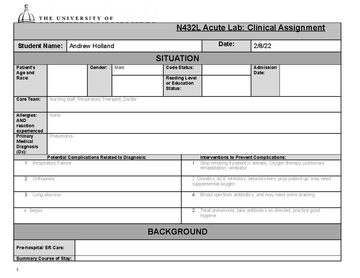 Care plan 1 - Care plan - N432L Acute Lab: Clinical Assignment Student ...