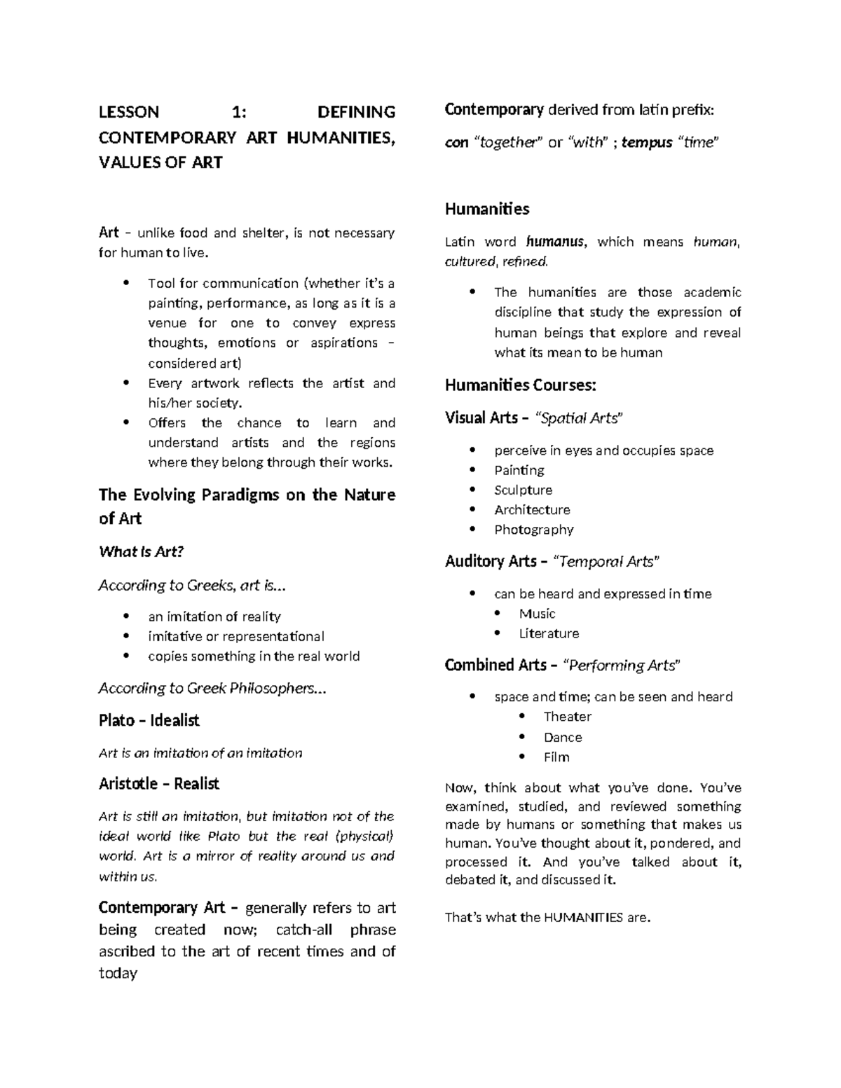 Lesson 1 - LESSON 1: DEFINING CONTEMPORARY ART HUMANITIES, VALUES OF ...