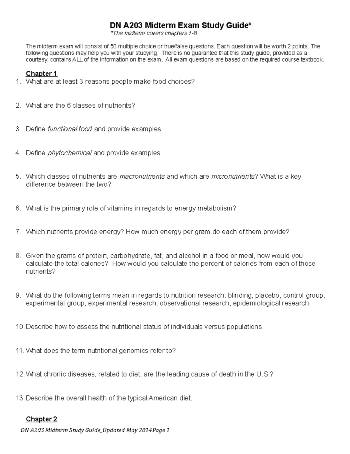 DN 203 Midterm Exam Study Guide - The midterm exam will consist of 50 multiple choice or true ...