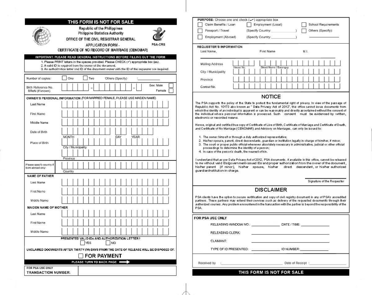 Cenomar Application Form - NOTICE DISCLAIMER The PSA supports the ...