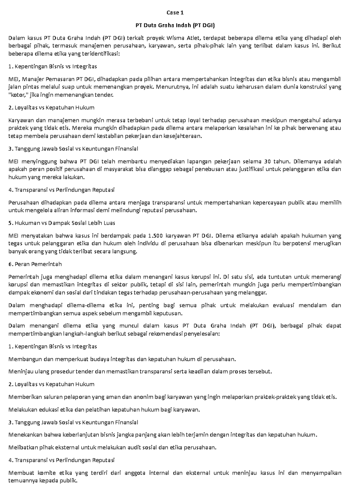 CASE PT DGI - etika bisnis kasus DGI - Case 1 PT Duta Graha Indah (PT ...