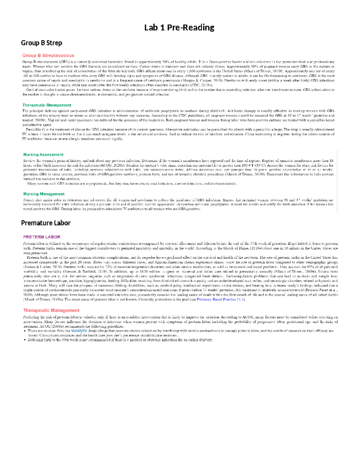 Lab Experience 1 Pre-read - NRSG 1320 - Lab 1 Pre-Reading Group B Strep ...