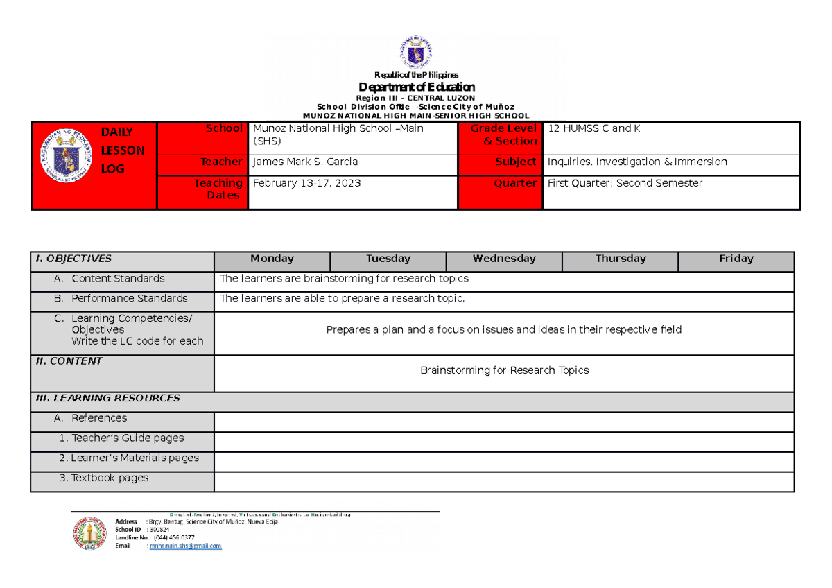 3IS 1st-Week - daily lesson log - DAILY LESSON LOG School Munoz ...