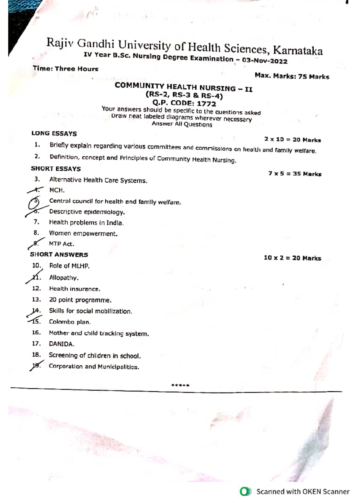 CHN 2 Previous years paper - BSc NURSING - Studocu