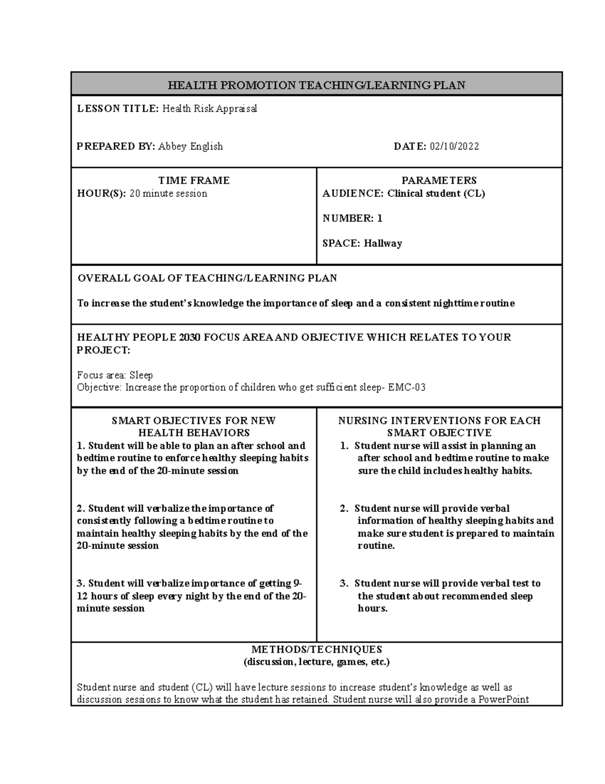 Teaching PLAN CHRA - HEALTH PROMOTION TEACHING/LEARNING PLAN LESSON ...