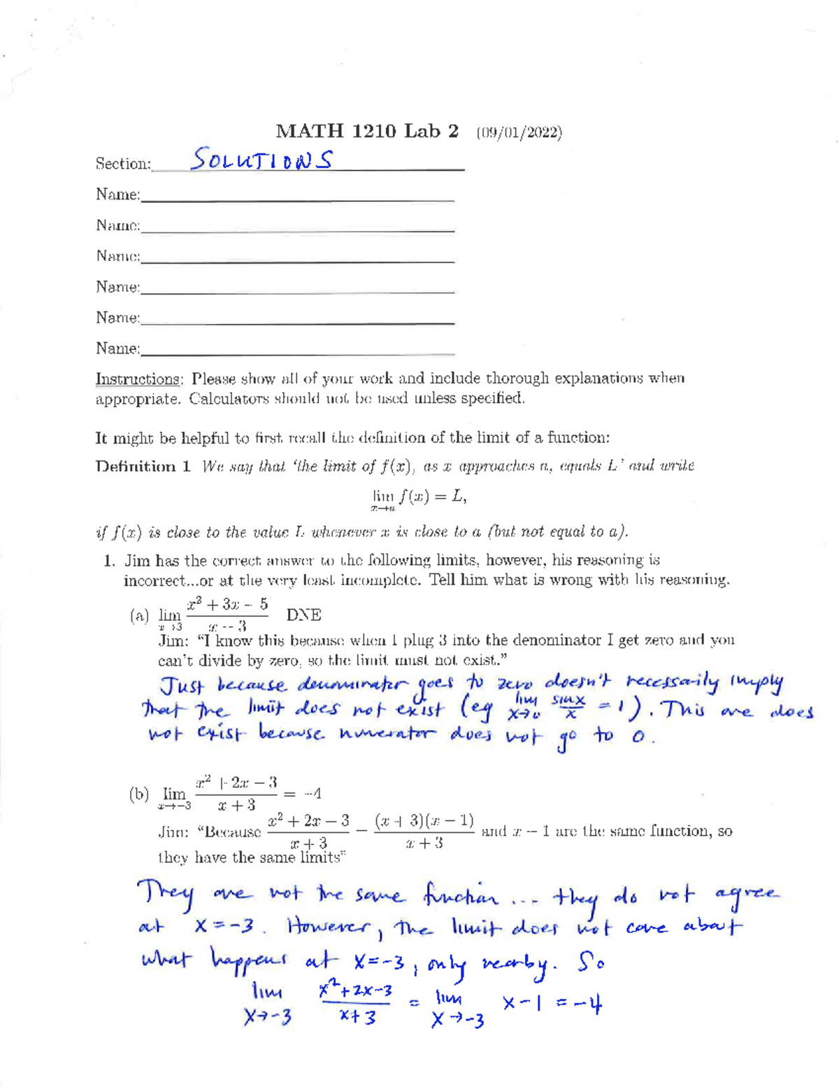 1210 lab2 solution - MATH 1210 Lab 2 Section: SOLUTIONS Name: Name: Name: Name: Name: Name ...