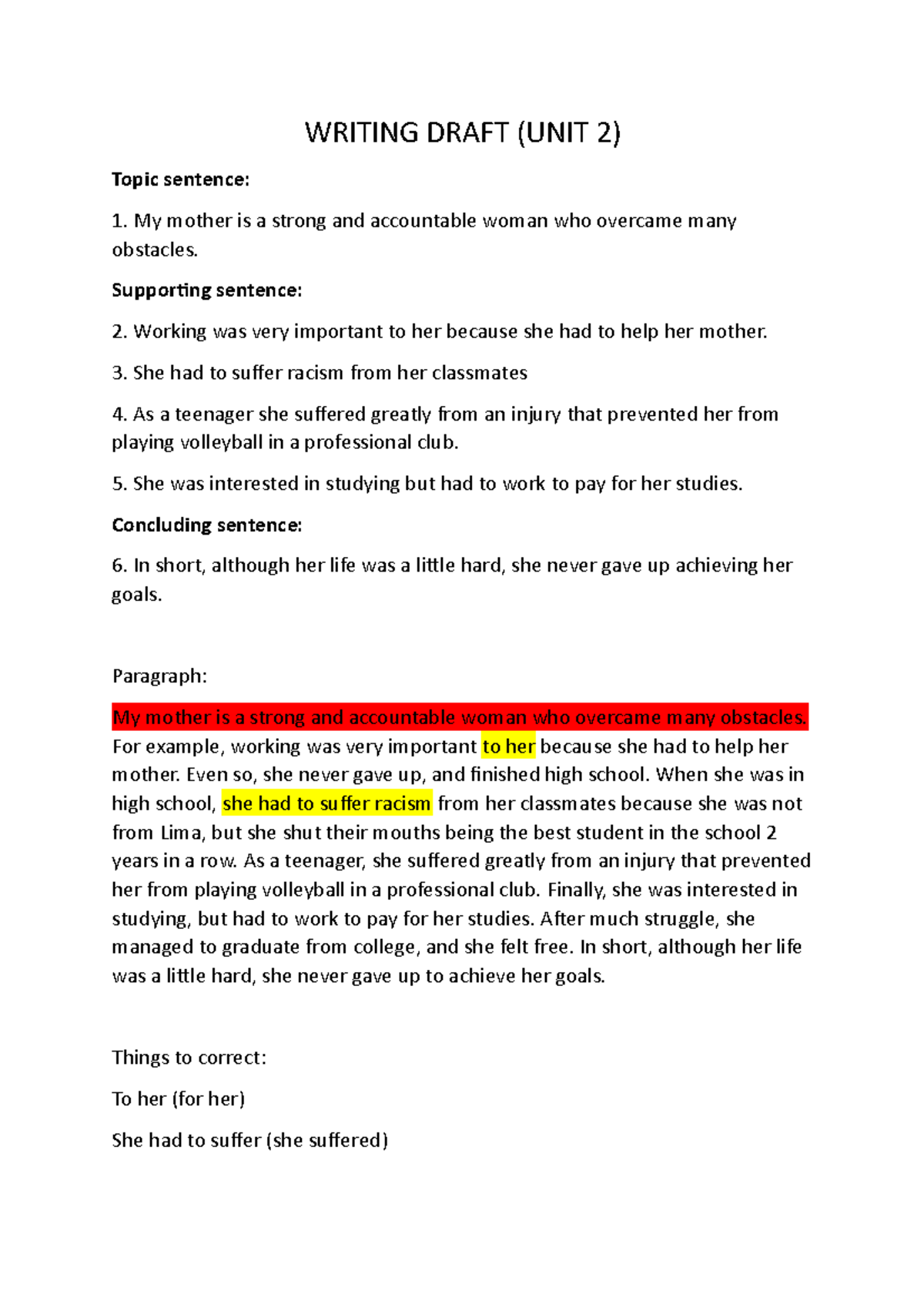 Writing draft 1 and 2 (unit 2 ) - WRITING DRAFT (UNIT 2) Topic sentence ...
