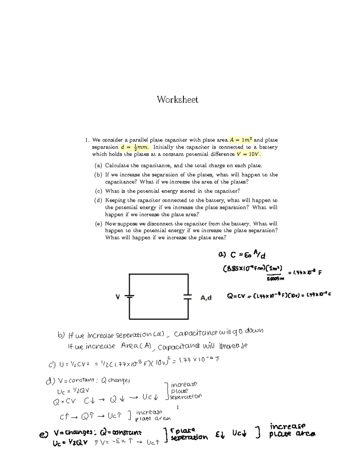 5C week3 worksheet 2021 3 - Worksheet We consider a parallel plate capacitor with plate area A ...