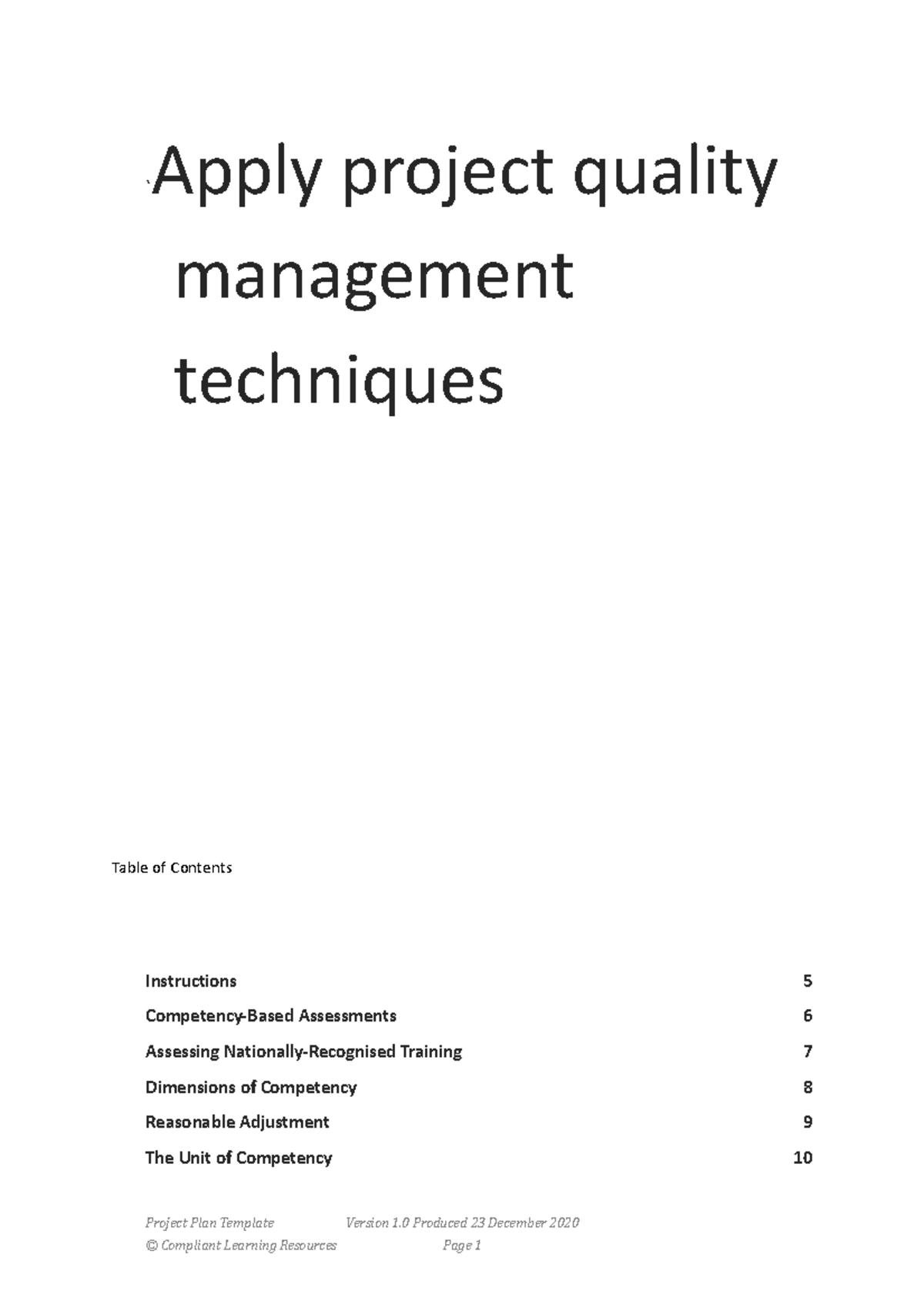 Bsbpmg 422-AWB-F-v1.1 quality management - `Apply project quality management techniques Table of ...