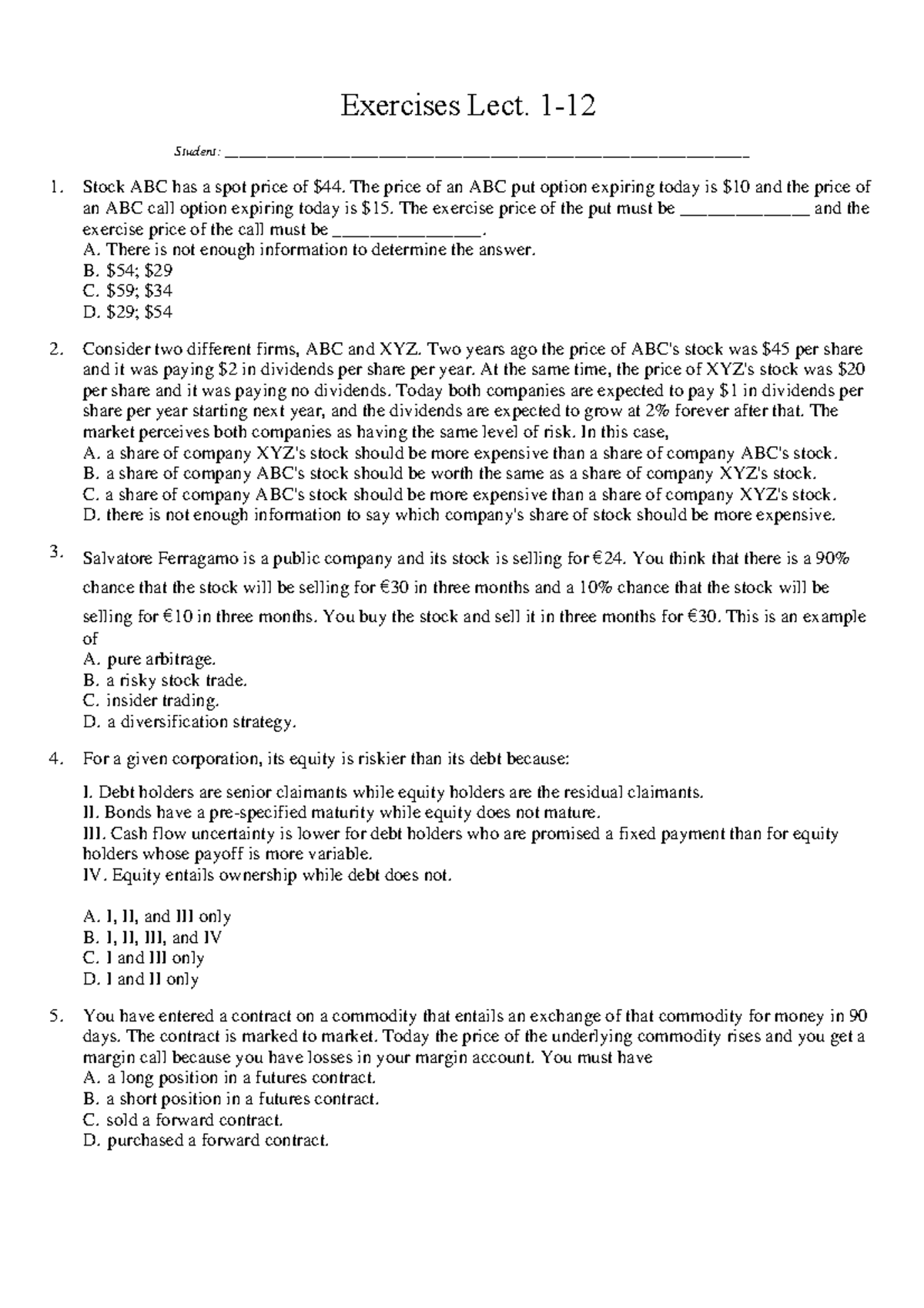 Exercises lect1-12 withsolutions - Exercises Lect. 1- Student: - Studocu