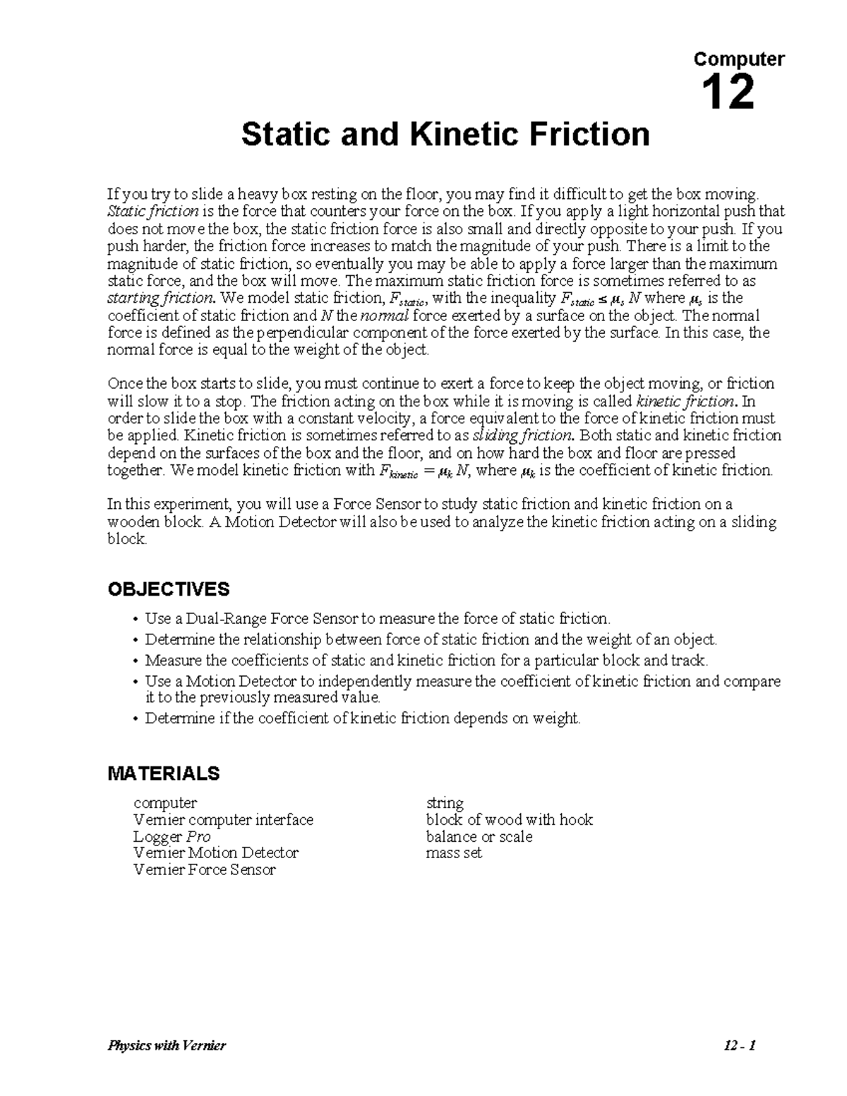 Lab2Static Kinetic Friction - 12 Physics with Vernier 12 - 1 Static and ...