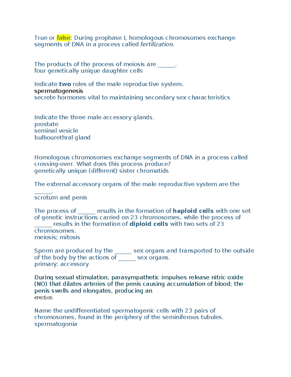 Ch. 22 reproductive system smart book - True or false: During prophase ...