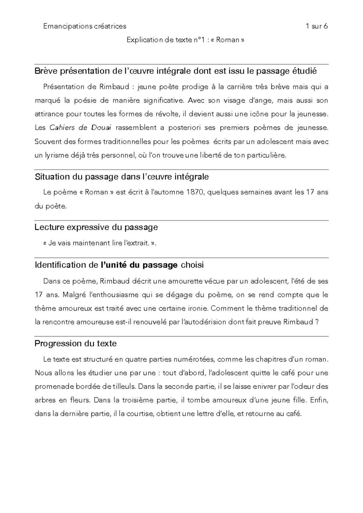 Explication de texte n°1 - Roman - Rimbaud - Explication de texte n°1 ...