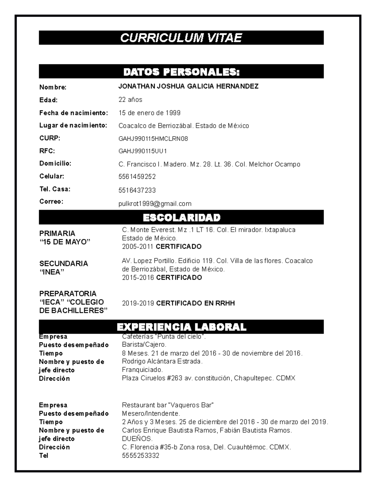 Curriculum Vitae Sencillo - CURRICULUM VITAE DATOS PERSONALES: Nombre ...