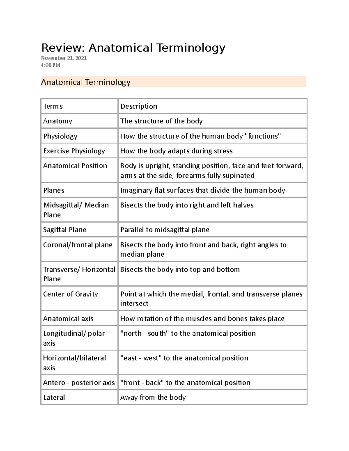 Anatomical Terminology - Review: Anatomical Terminology November 21 ...