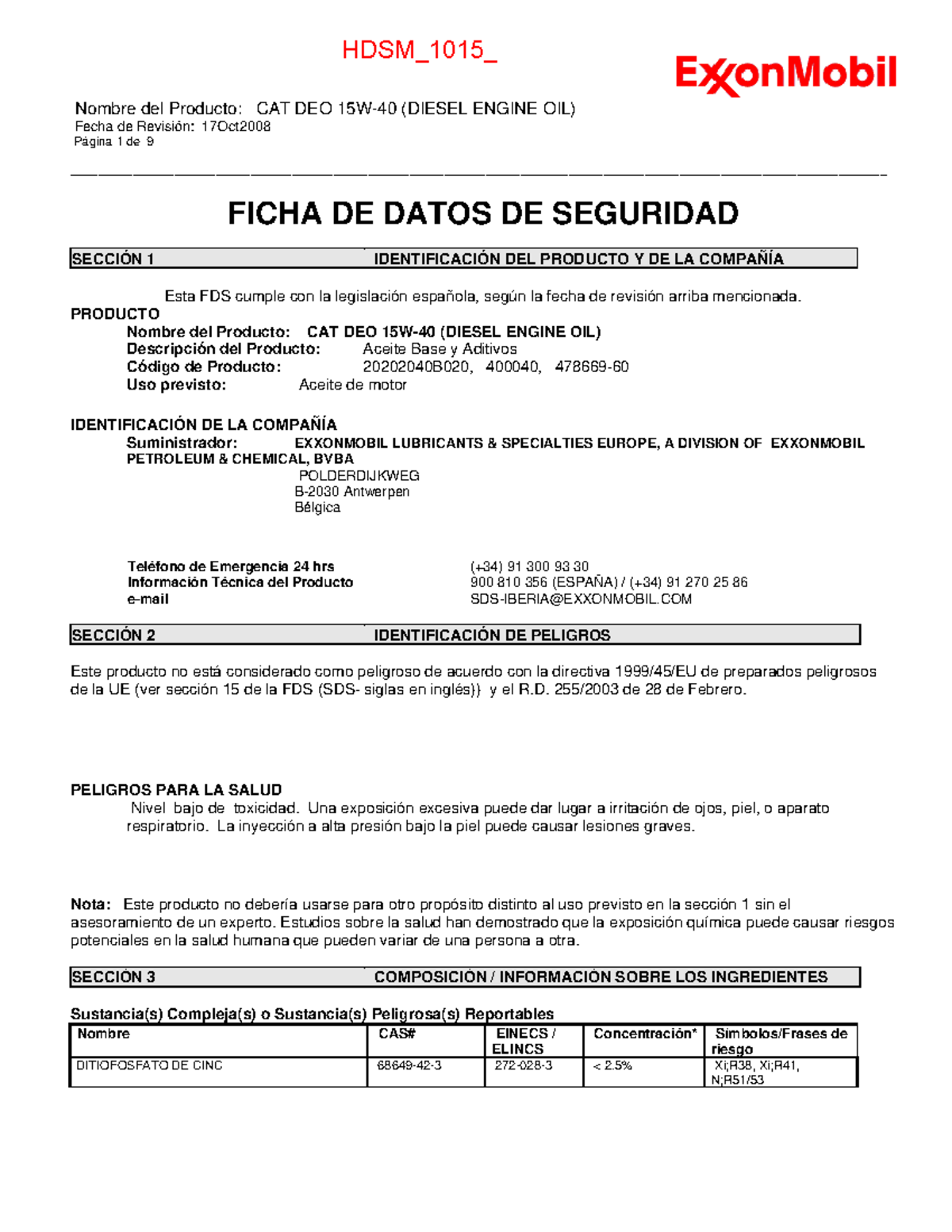 HDSM 1015 CAT DEO 15W-40 ( Diesel Engine OIL) 17.10.2008 - Fecha de ...