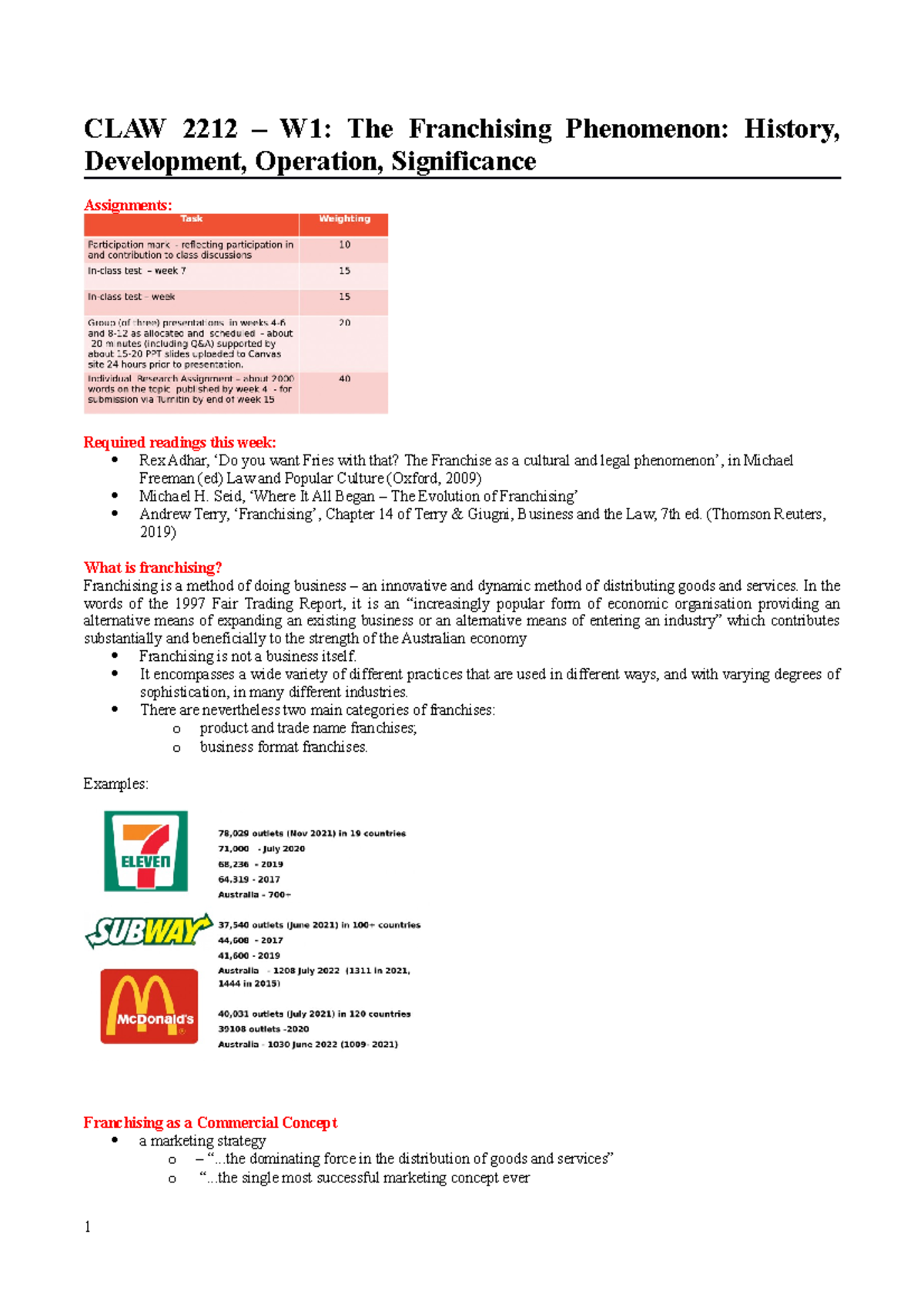 CLAW 2212 notes - CLAW 2212 – W1: The Franchising Phenomenon: History ...