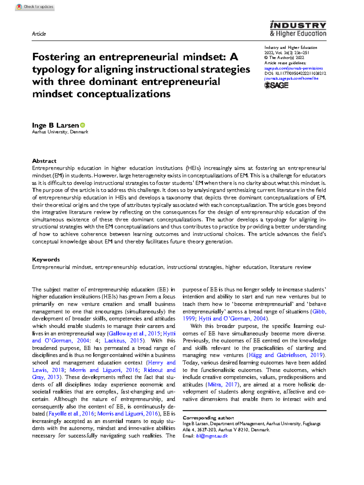 Larsen 2022 fostering an entrepreneurial mindset a typology for ...