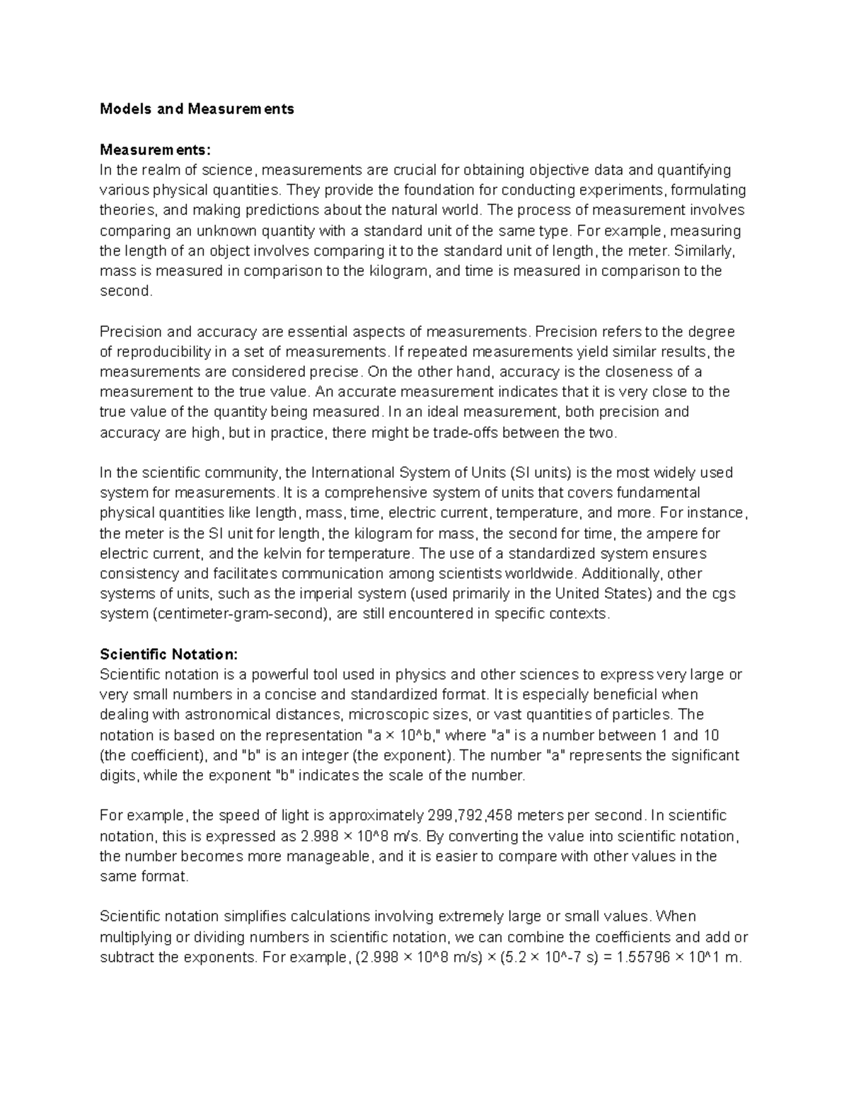 (1) Models and Measurements - Models and Measurements Measurements: In ...