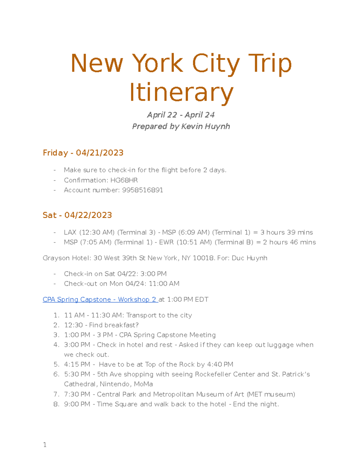 NEW YOUR TRIP Itinerary - New York City Trip Itinerary April 22 - April ...