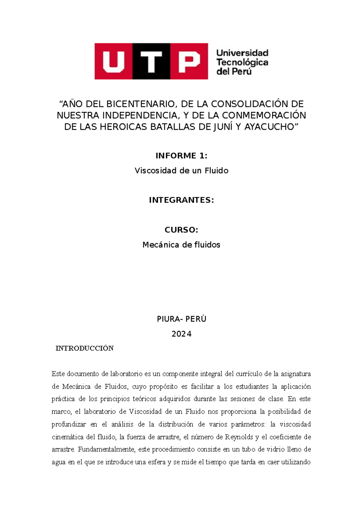 Laboratorio Fluidos I - 12345679 - “AÑO DEL BICENTENARIO, DE LA ...