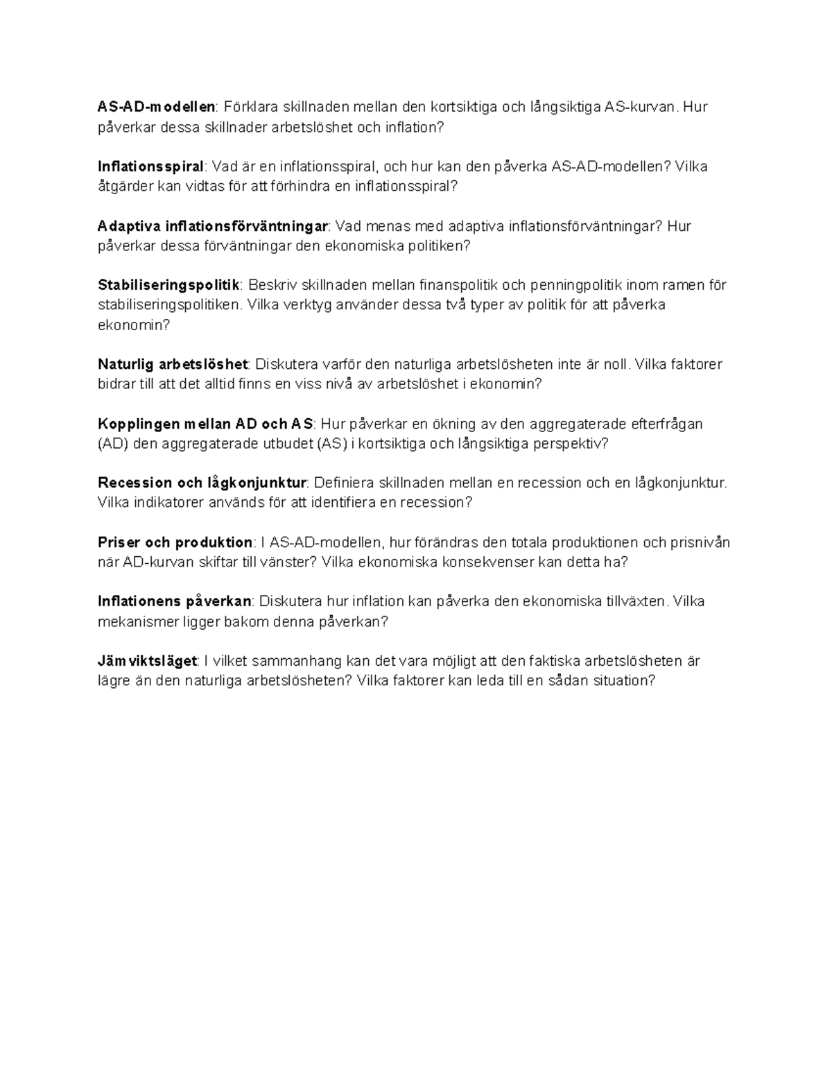 10 svåra frågor - svåra - AS-AD-modellen: Förklara skillnaden mellan ...