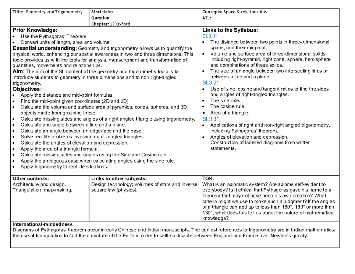 Assessment 1 Topic List - Title : Geometry and Trigonometry Start date ...