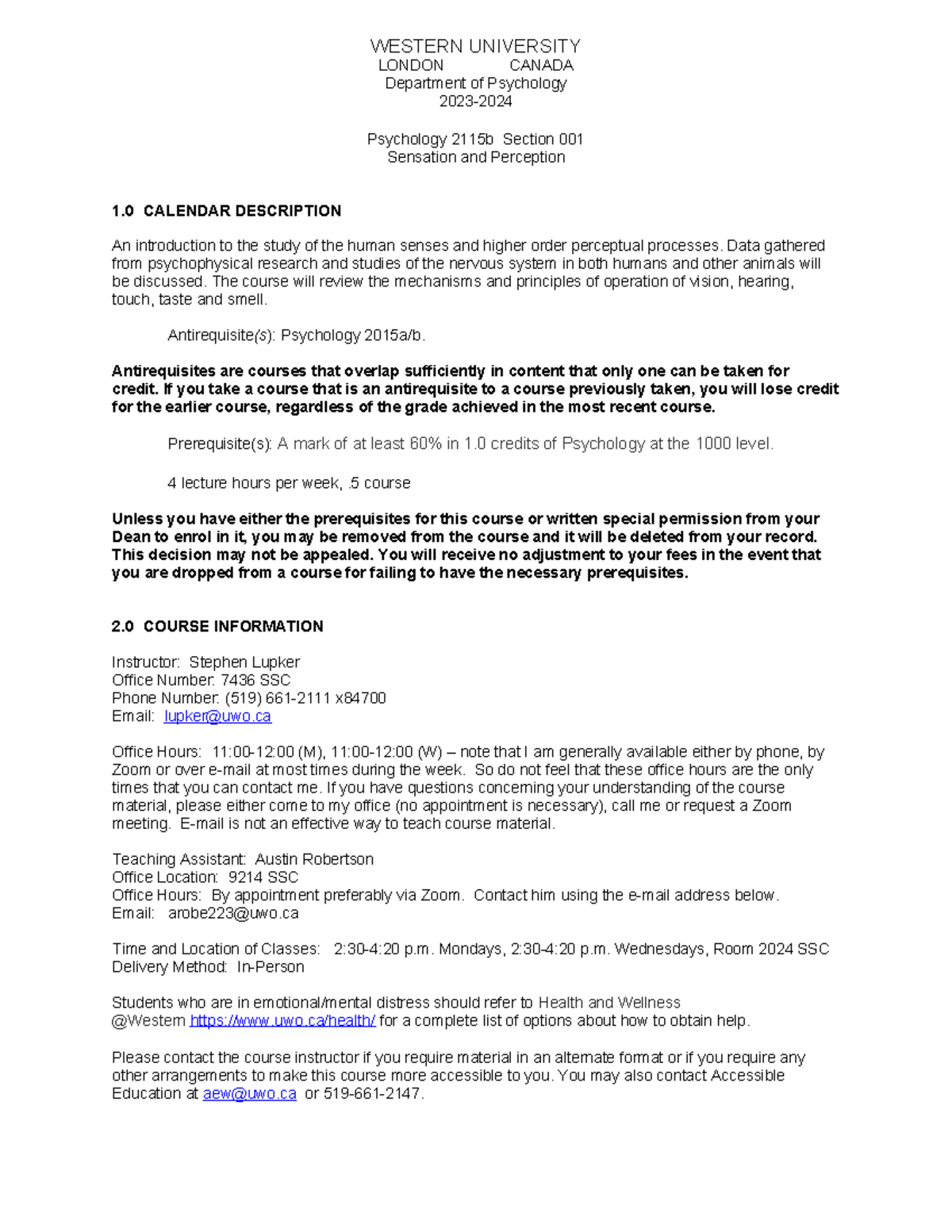 Course outline 2115b.Winter, 2024 - WESTERN UNIVERSITY LONDON CANADA ...
