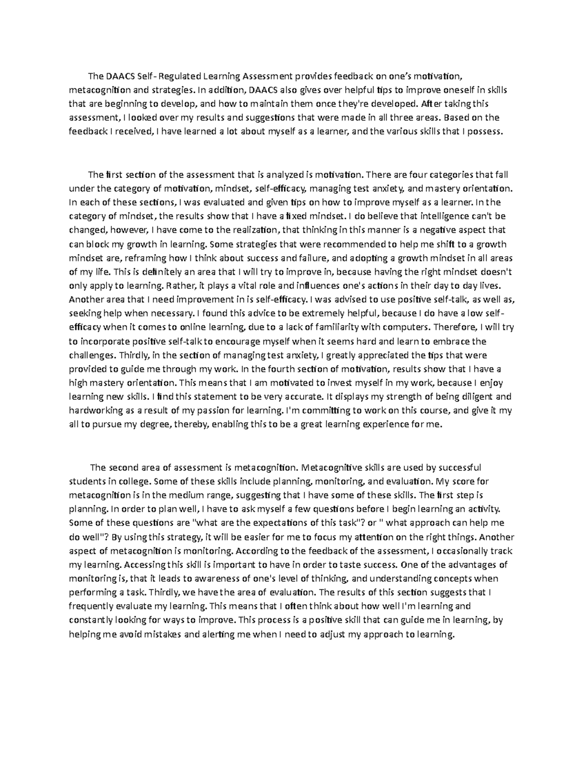 Disscusion post 2 about Daacs assignment - The DAACS Regulated Learning ...