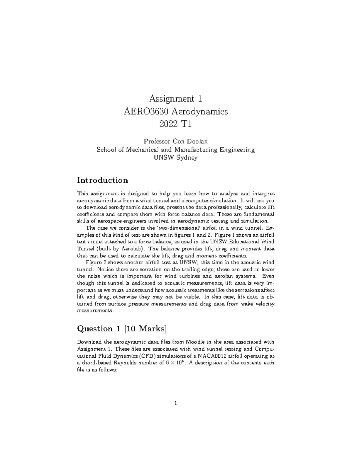 Assignment 1 2022 AERO3630-5 - Assignment 1 AERO3630 Aerodynamics 2022 ...