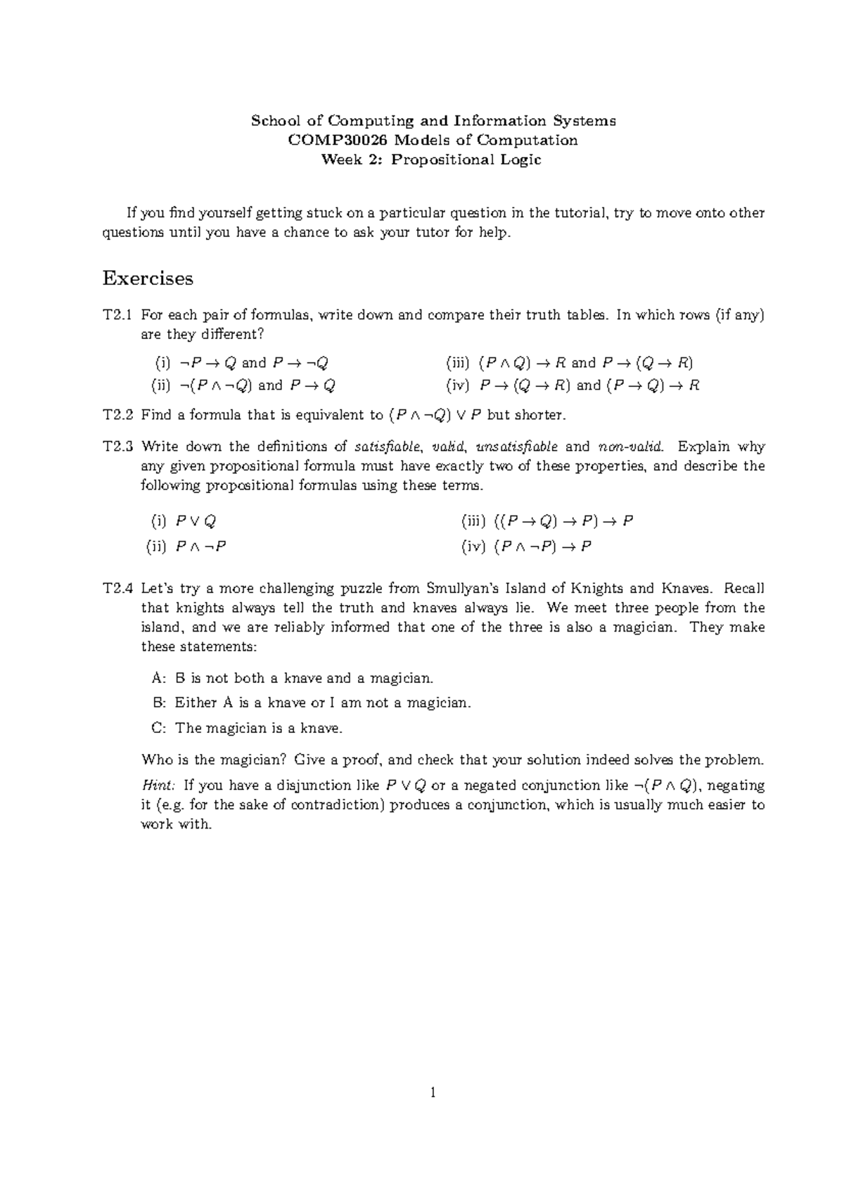 Tutorial 02 - School of Computing and Information Systems COMP30026 Models of Computation Week 2 ...