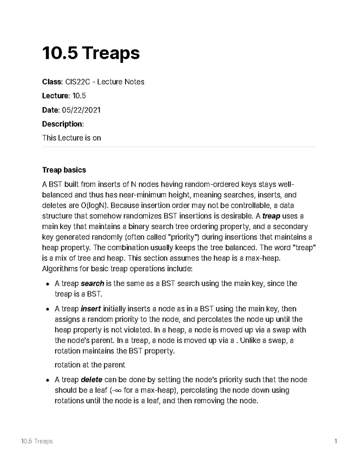 105 Treaps Lecture 10 Treaps Class Cis22c Lecture Notes Lecture 4531